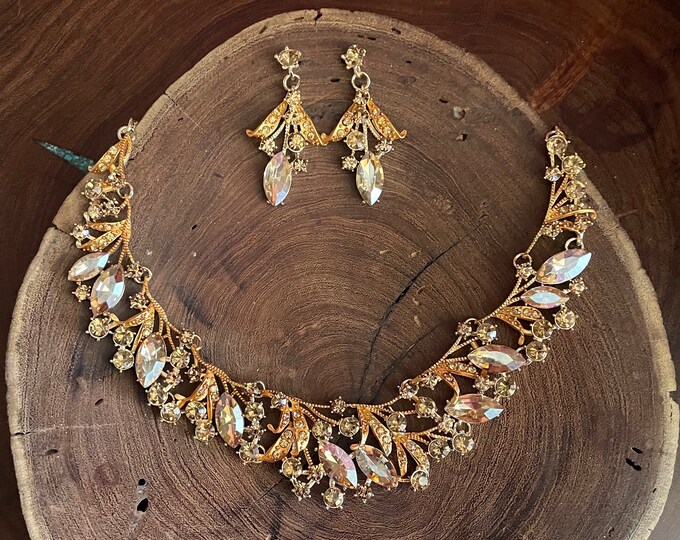 Gold Necklace and Earrings Set, Gold Holiday Necklace Set, Gold Bridal ...