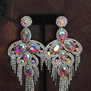 Extra Large Rhinestone Earrings, Long AB Rhinestone Earrings, Wide ...