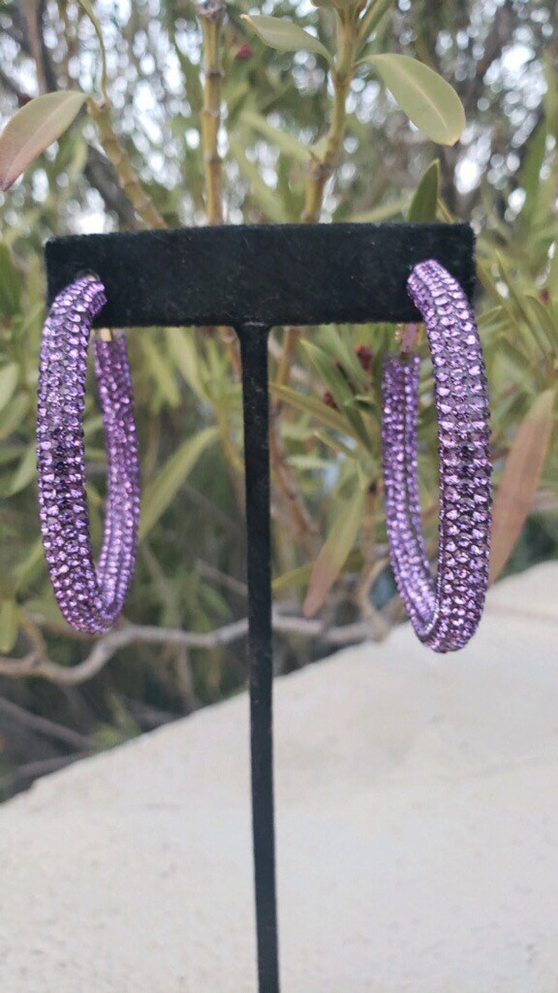 Purple Hoop Earrings Purple Rhinestone Hoops Amethyst Purple Etsy