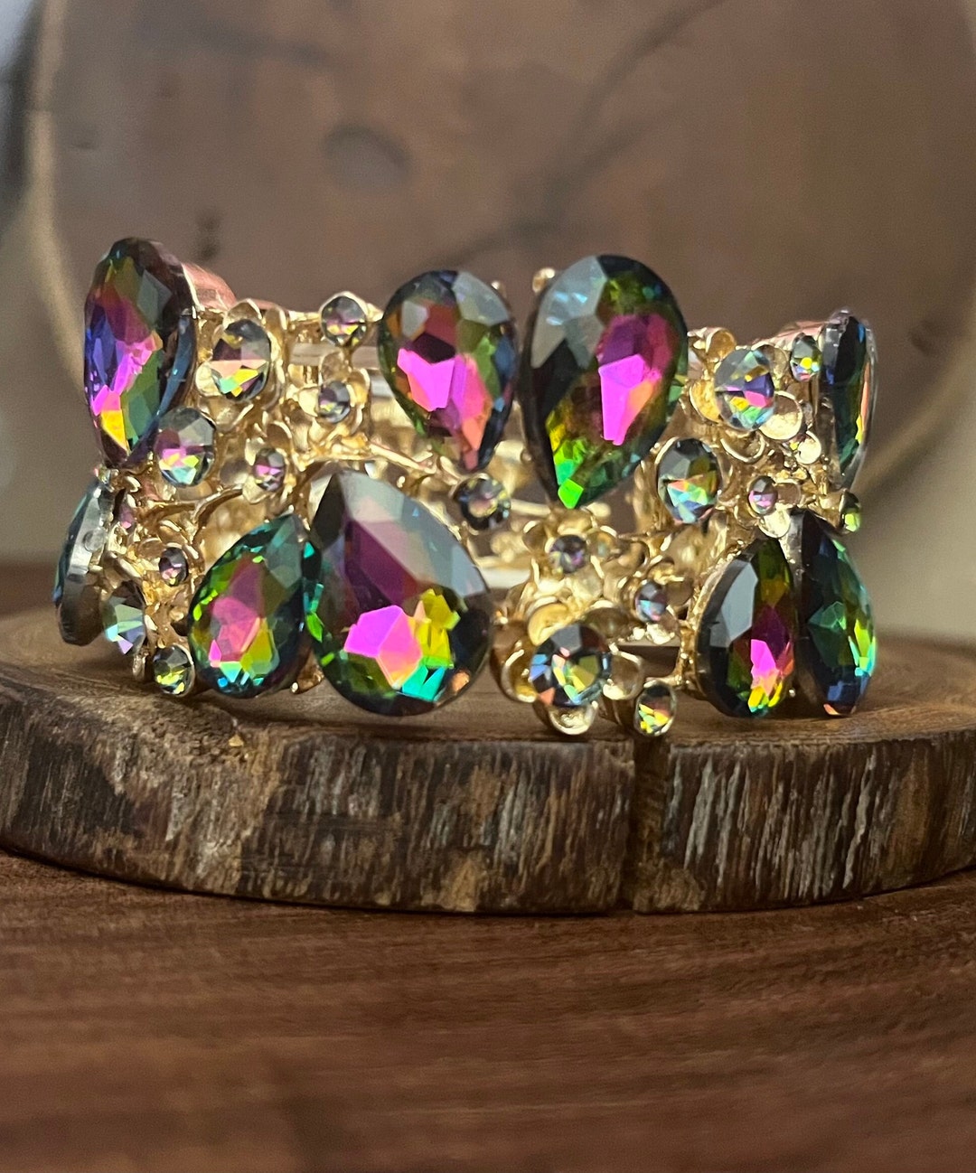 Green Iridescent Wide Bracelet, Vitrail Rhinestone Bracelet - Etsy