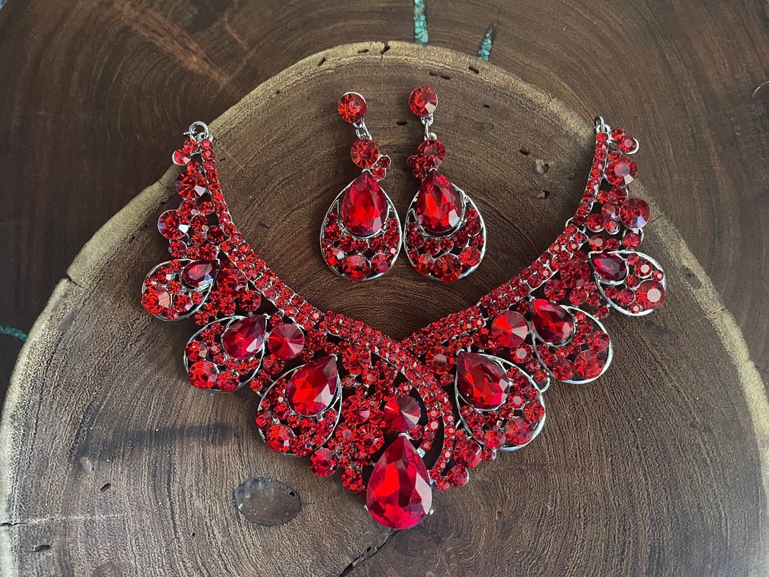 Red Necklace Set, Red Crystal Necklace and Earrings Set, Red Rhinestone Necklace Set - Etsy