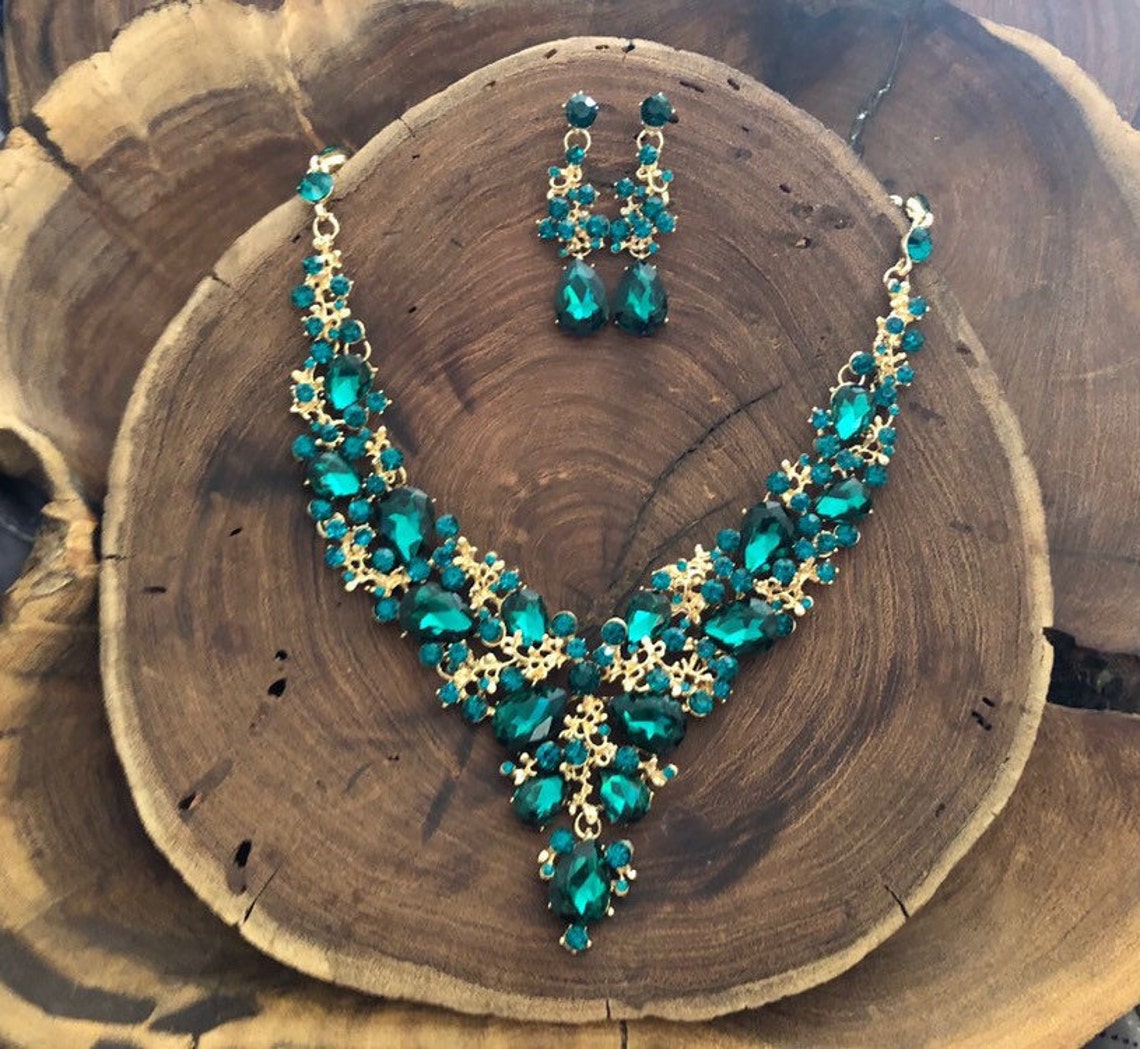 Prom Green Necklace Set Emerald Green Necklace and Earrings - Etsy
