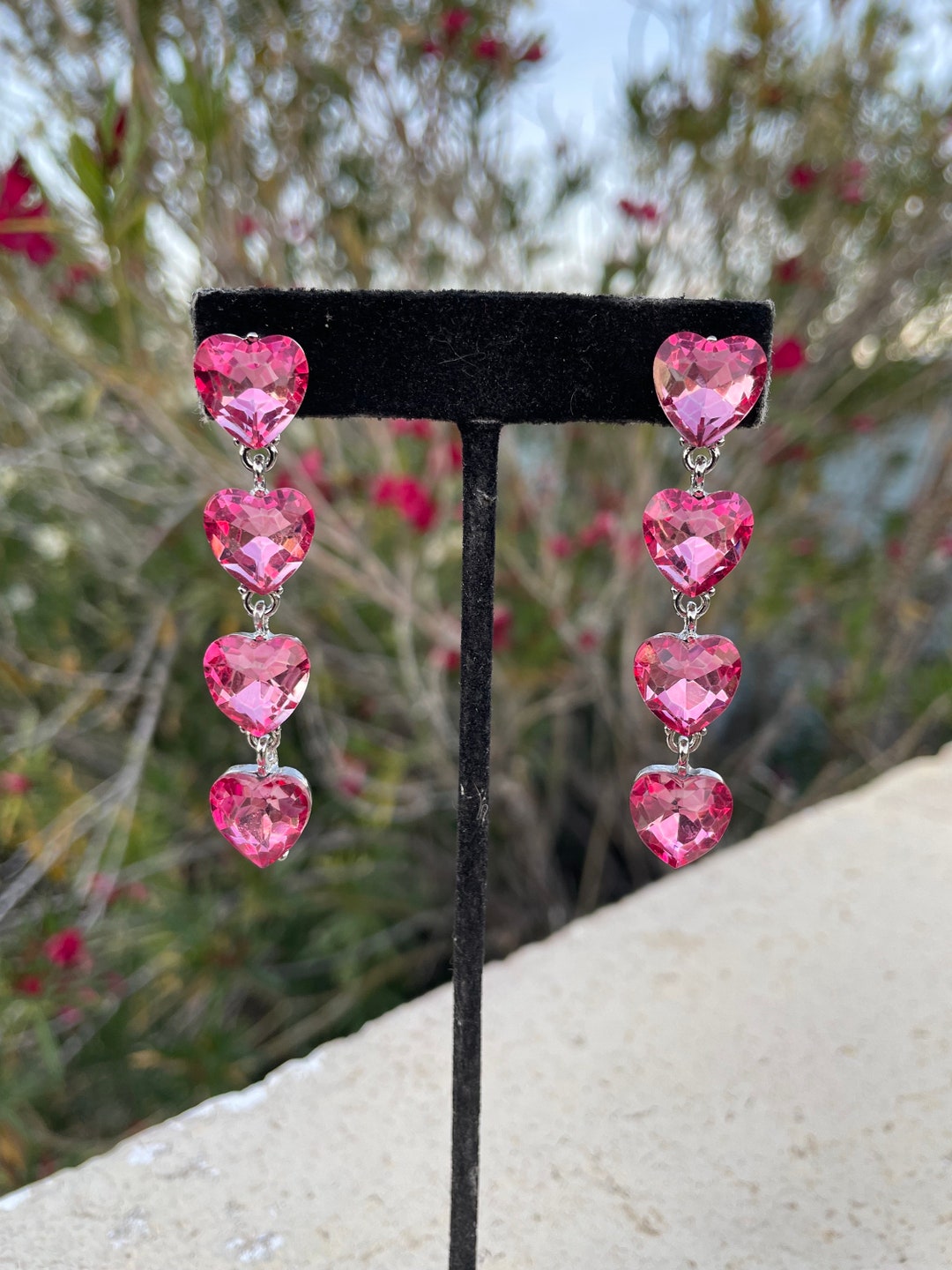 Pink Heart Earrings, Pink Heart Long Earrings, Hot Pink Rhinestone ...