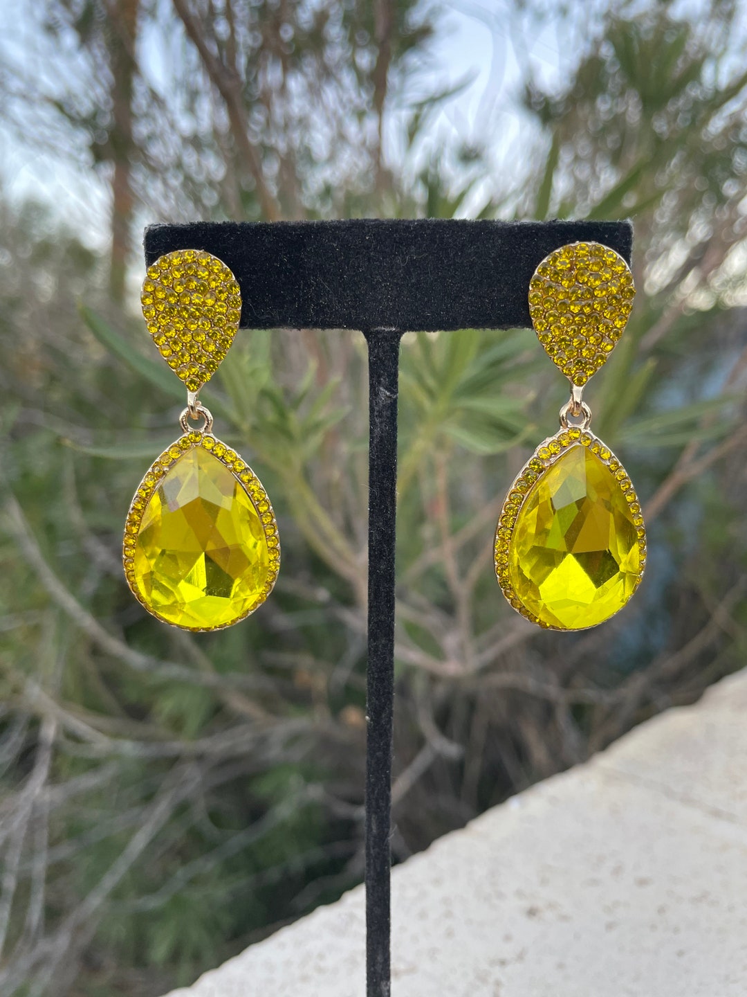 Yellow Rhinestone Earrings, Yellow Prom Earrings, Dangle Yellow ...