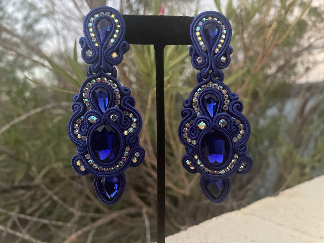 Royal Blue Soutache Earrings, Deep Blue Long Earrings, Blue Statement Clip on Earrings - Etsy
