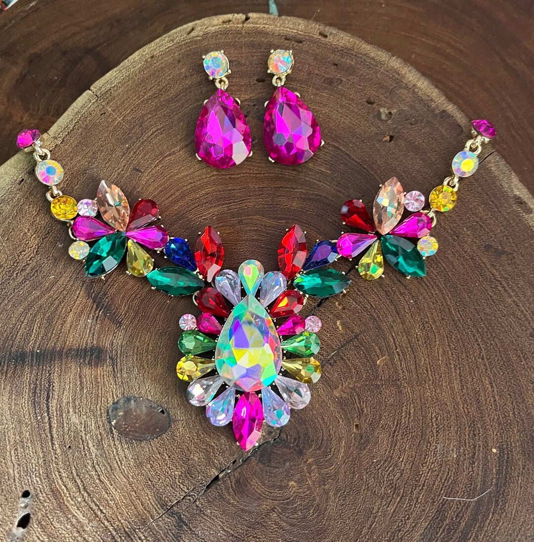 Multi Color Statement Necklace and Earrings Set, Colorful Rhinestone ...