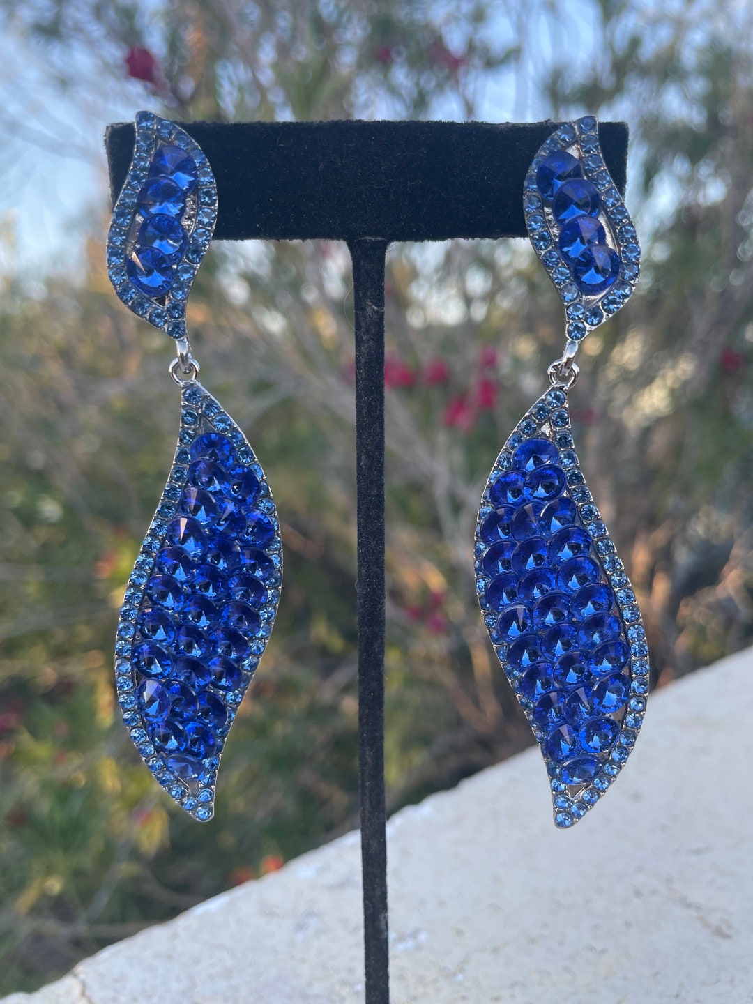 Blue Long Rhinestone Earrings, Light Blue Statement Earrings, Blue Clip ...