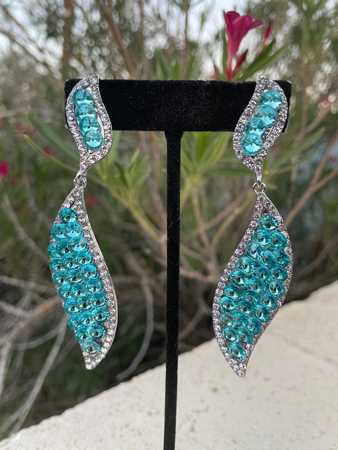 Aqua Long Rhinestone Earrings, Aquamarine Crystal Earrings, Aqua Blue ...