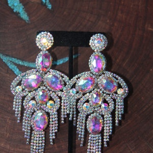Extra Large Rhinestone Earrings, Long AB Rhinestone Earrings, Wide ...
