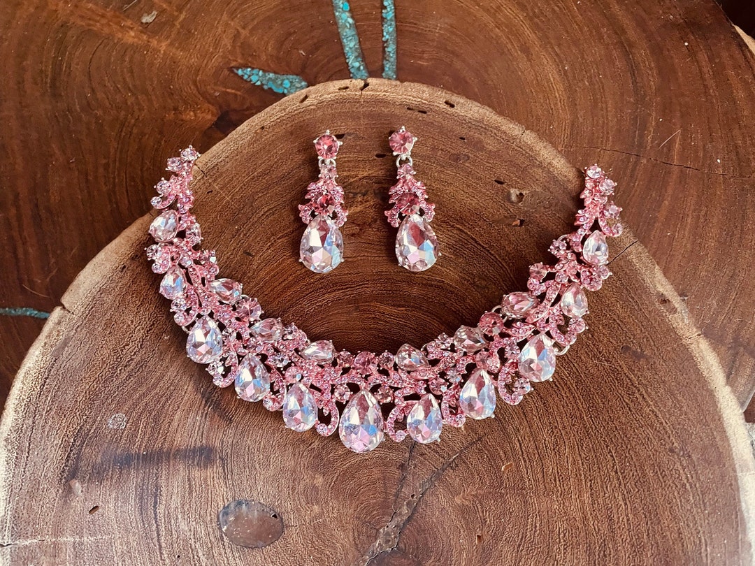 Pink Rhinestone Necklace and Earrings Set, Light Pink Necklace Set - Etsy