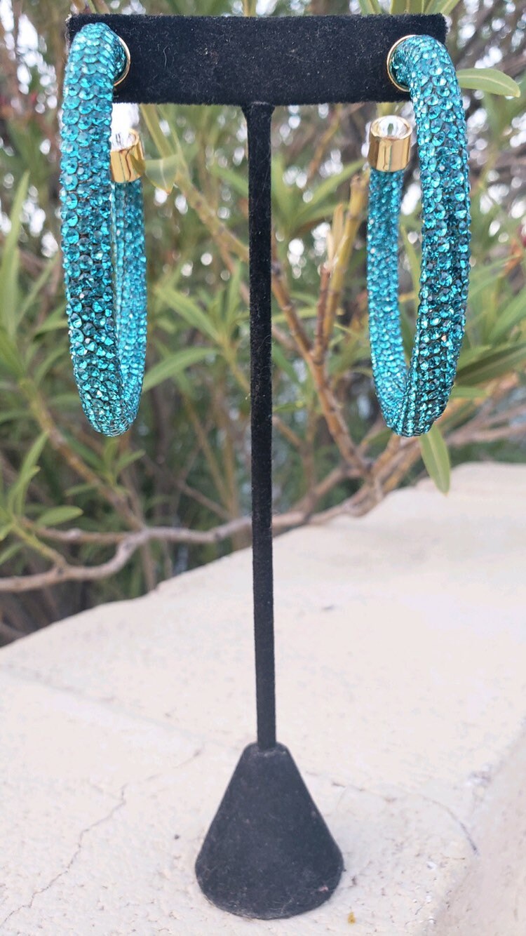 Aqua Rhinestone Hoops Aqua Blue Pageant Hoops Aquamarine - Etsy