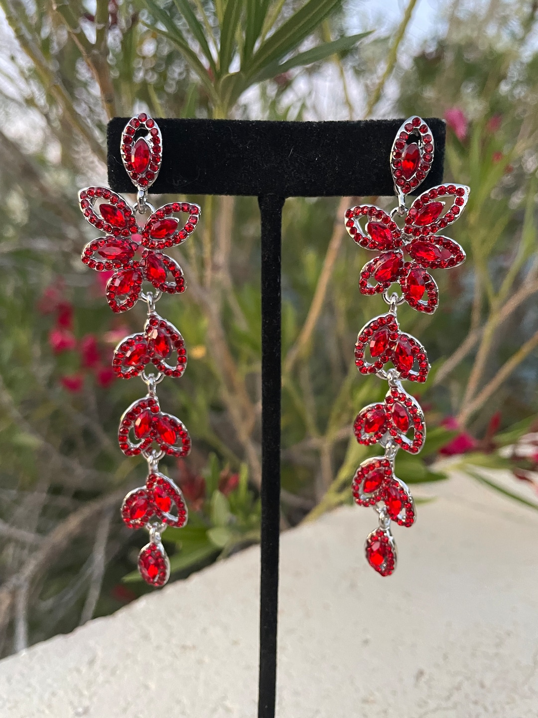 Red Long Rhinestone Earrings, Red Prom Earrings, Red Crystal Earrings ...