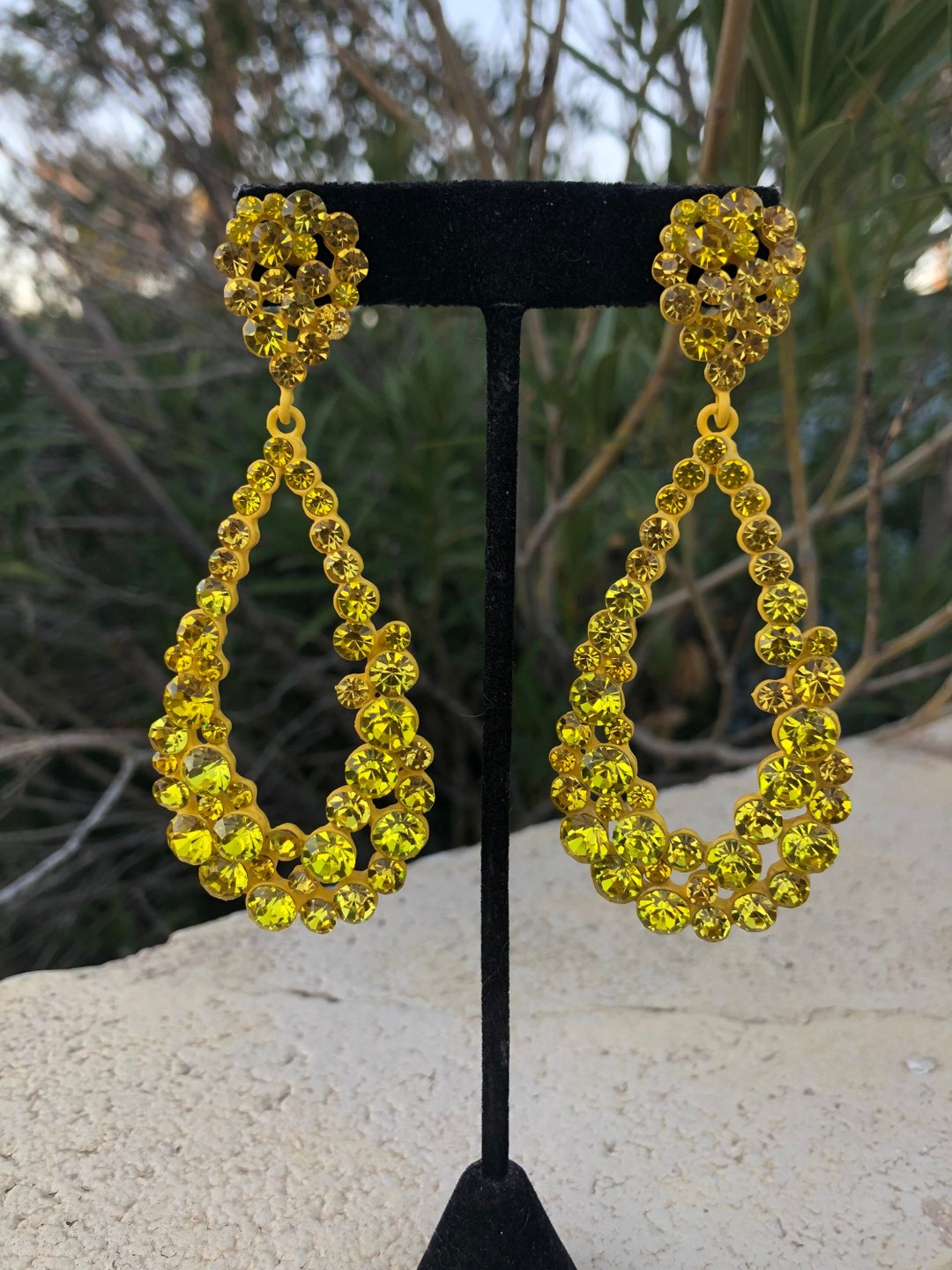 Long Yellow Rhinestone Hoops, Statement Yellow Earrings, Yellow Crystal ...