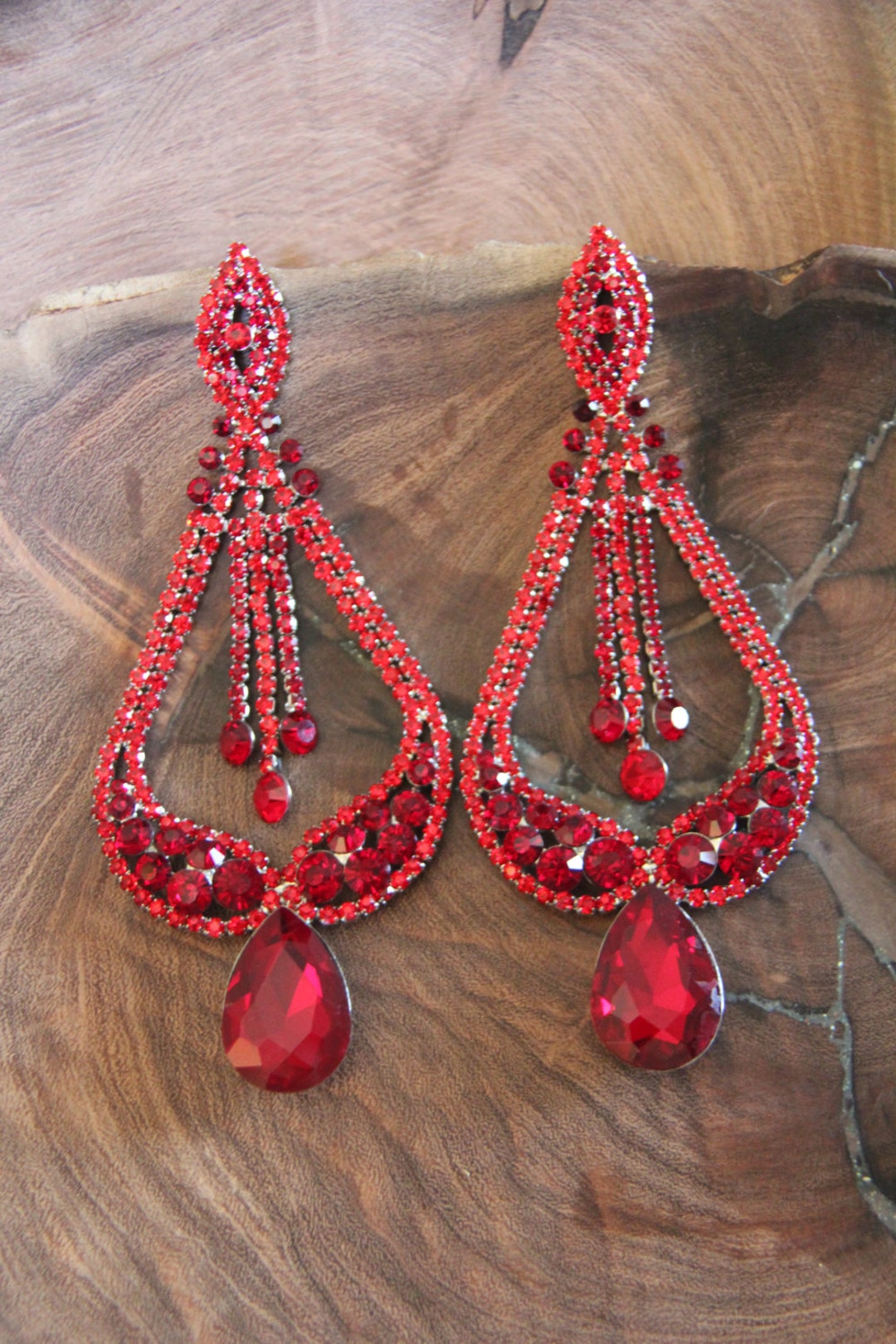 Extra Long Red Rhinestone Earrings, Oversized Pageant/prom Red ...