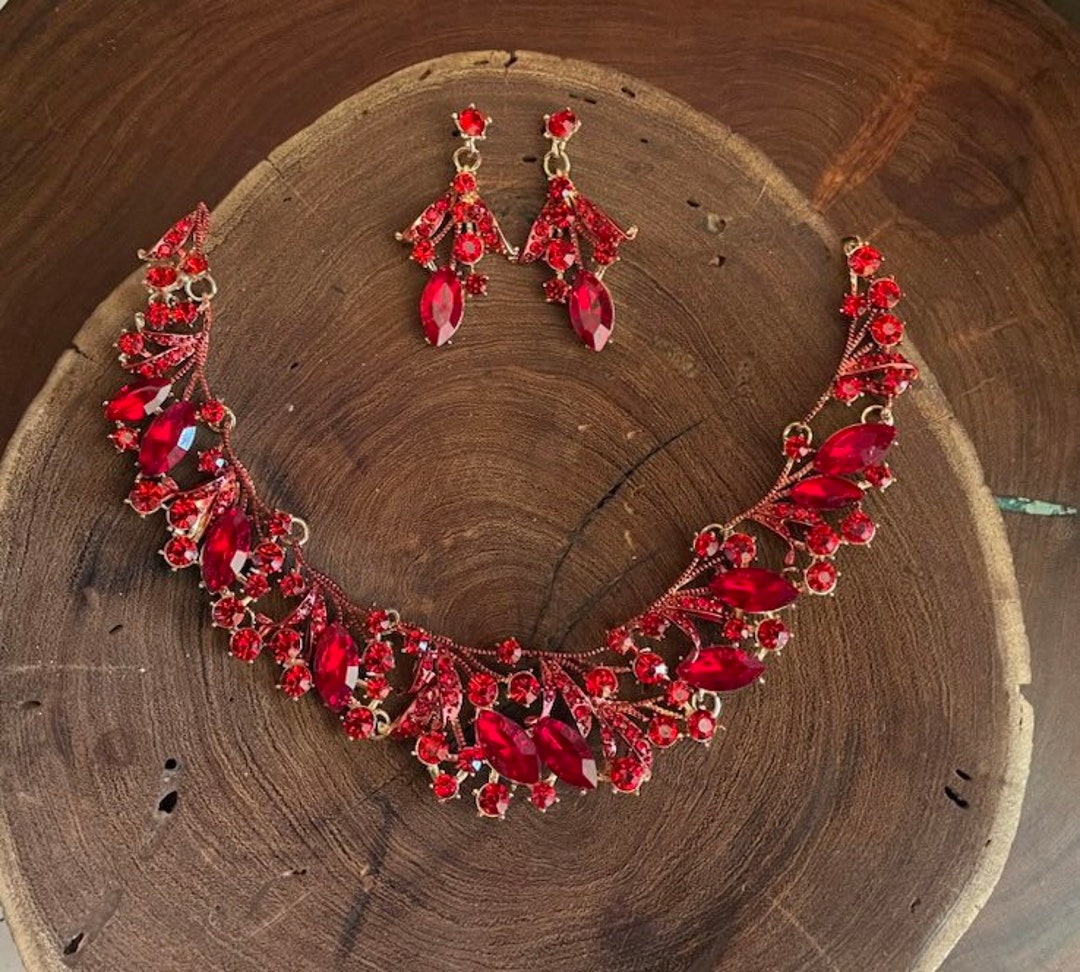 Red Holiday Necklace and Earrings Set, Red Rhinestone Necklace Set, Red ...