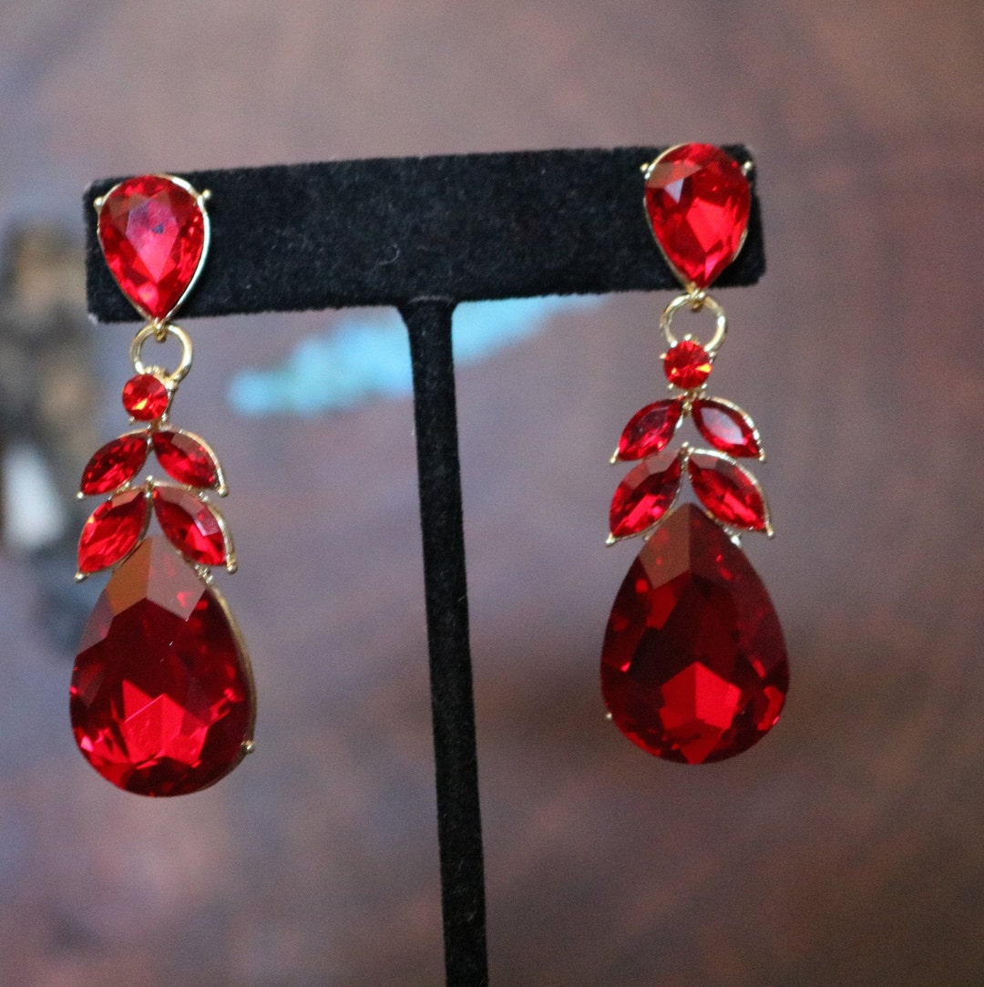 Red Prom Earrings, Red Rhinestone Dangle Earrings, Red Bridal Earrings ...