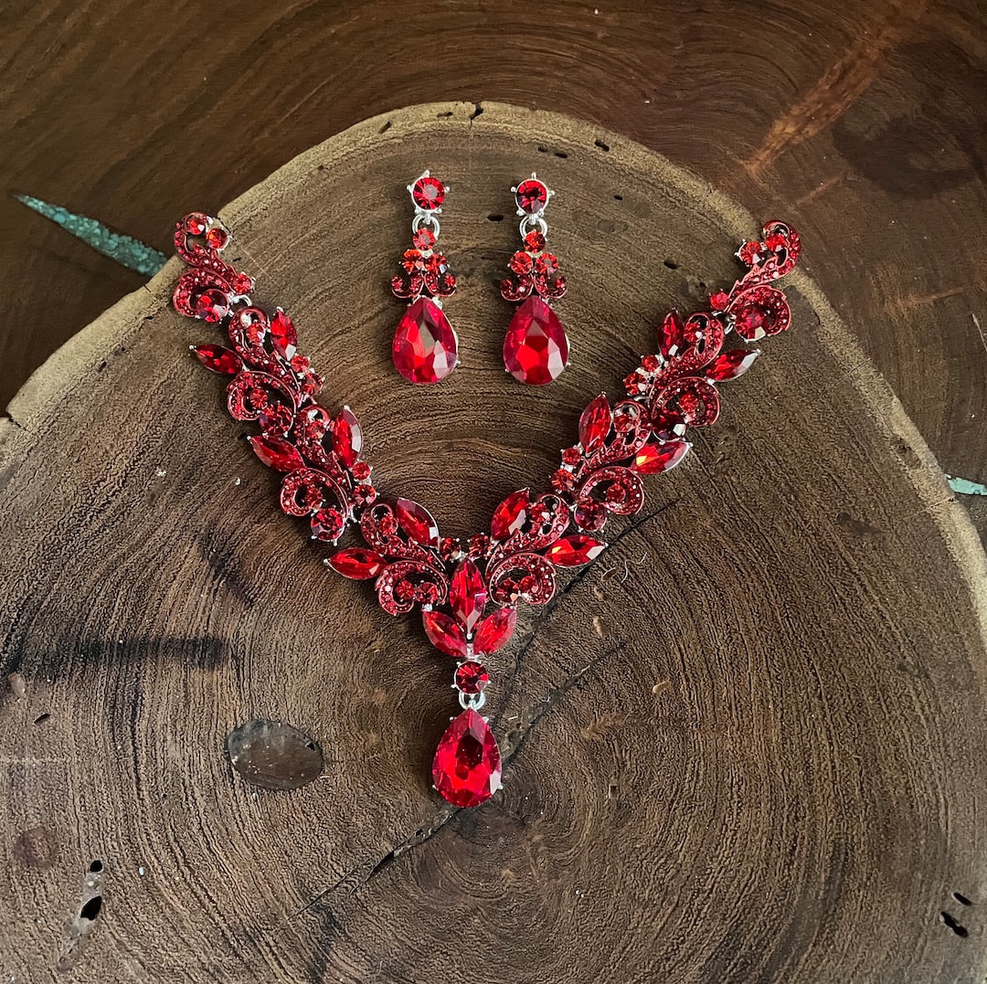 Red Crystal Necklace and Earrings Set, Red Prom Necklace Set, Red Rhinestone Evening Necklace - Etsy