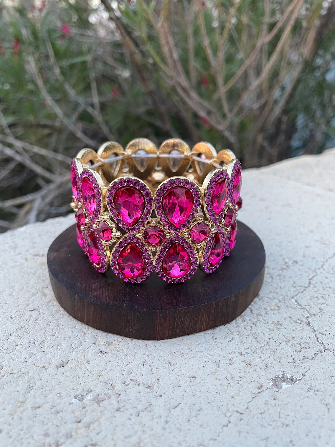 Hot Pink Wide Bracelet, Large Fuchsia Rhinestone Bracelet, Fuchsia ...