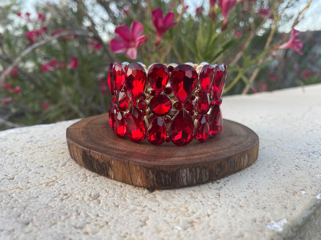 Large Red Rhinestone Bracelet, Wide Red Crystal Bracelet - Etsy
