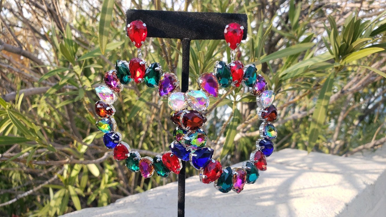 Multi Color Hoop Earrings Multi Color Rhinestone Hoops Multi - Etsy