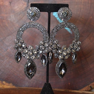 Oversized Silver Earrings, Huge Silver Rhinestone Earrings, Gray Extra ...