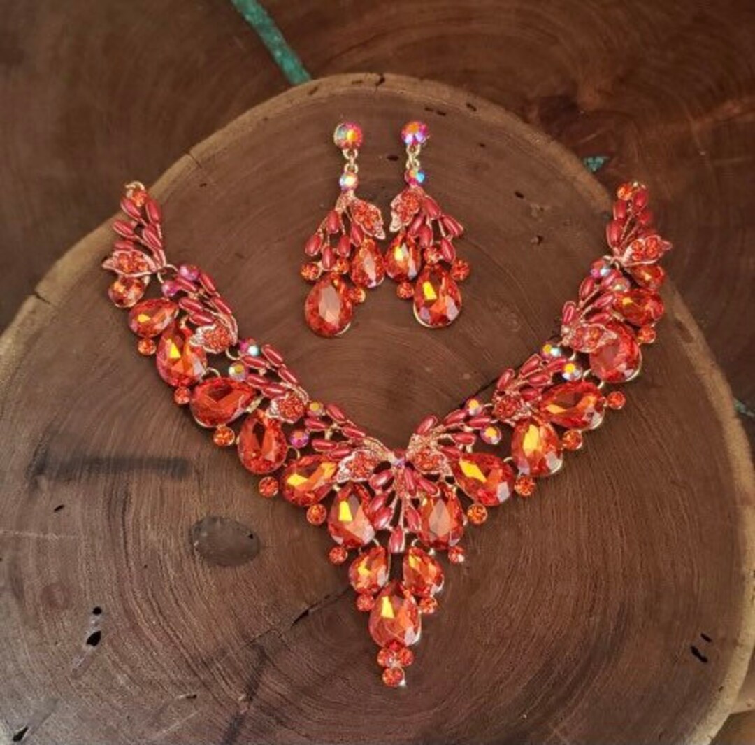Orange Necklace and Earrings Set, Orange Rhinestone Necklace Set ...