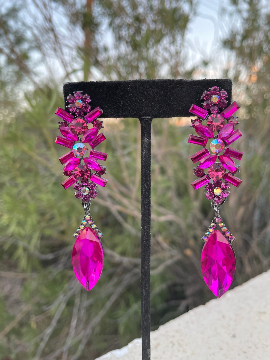 Fuchsia Ab Earrings, Hot Pink Long Earrings, Magenta Crystal Earrings ...
