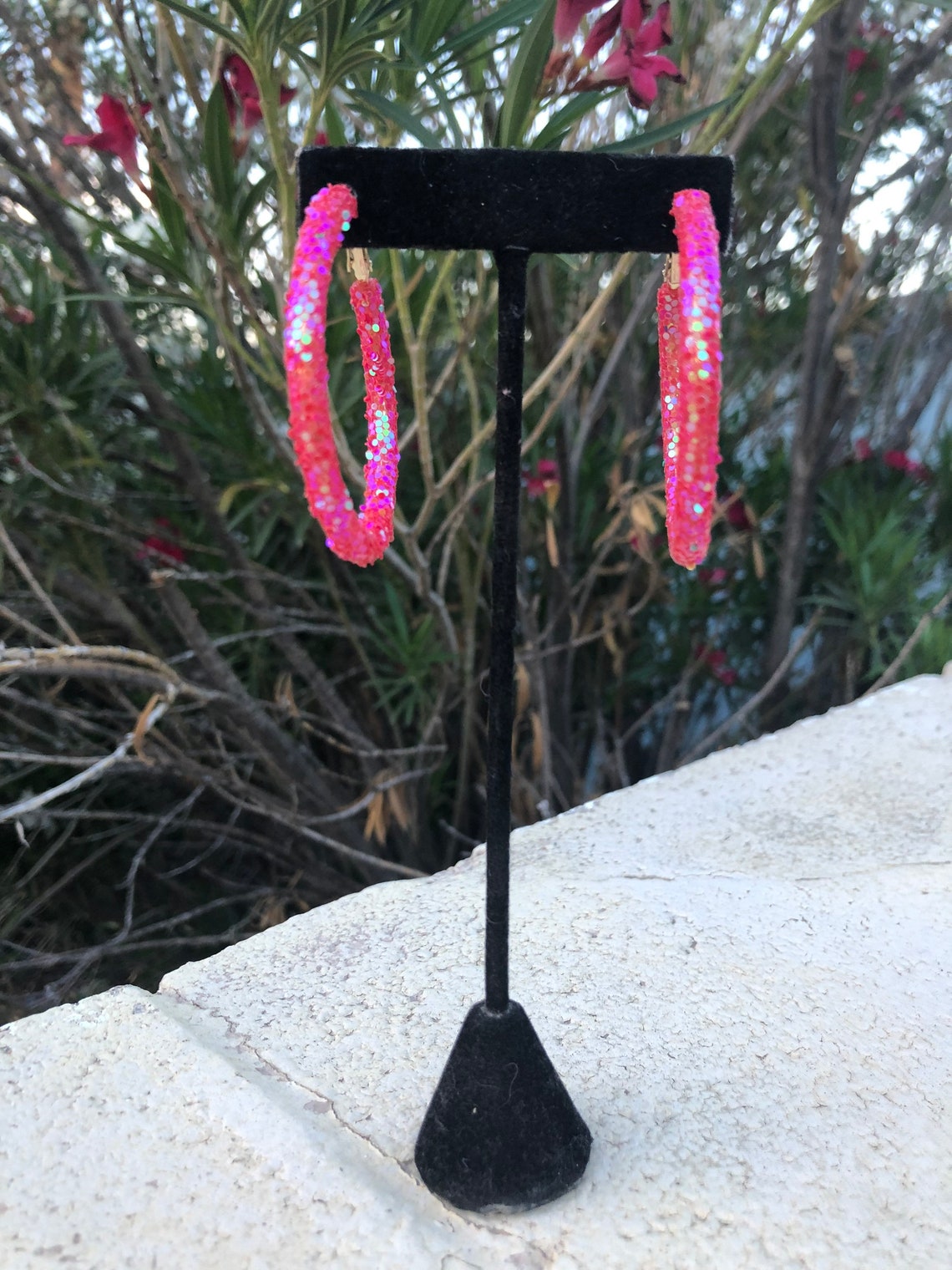 Hot Pink Hoop Earrings Neon Pink Sequin Hoops Hot Pink Prom - Etsy