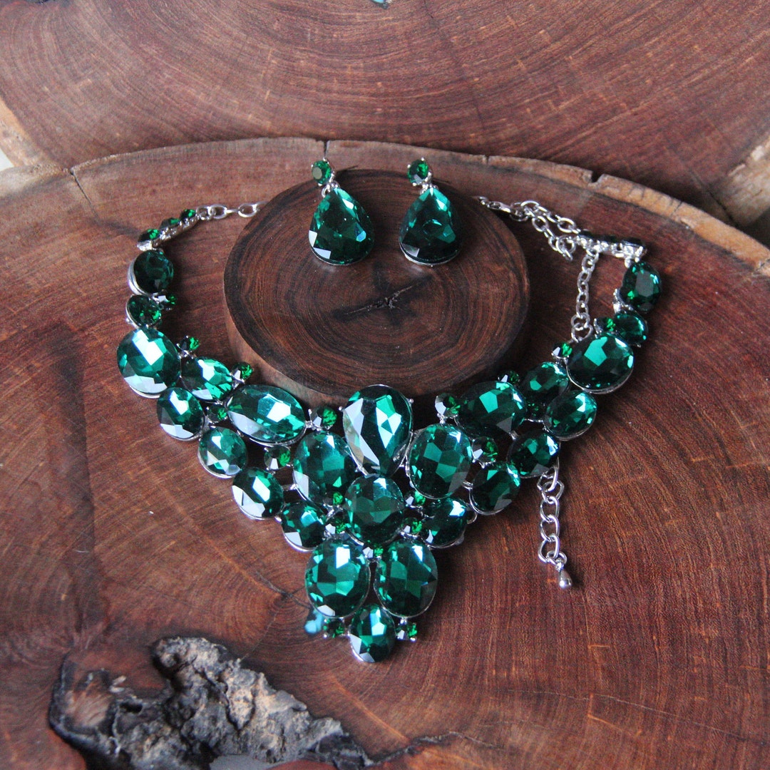 Emerald Green Rhinestone Necklace, Green Statement Bracelet, Emerald ...