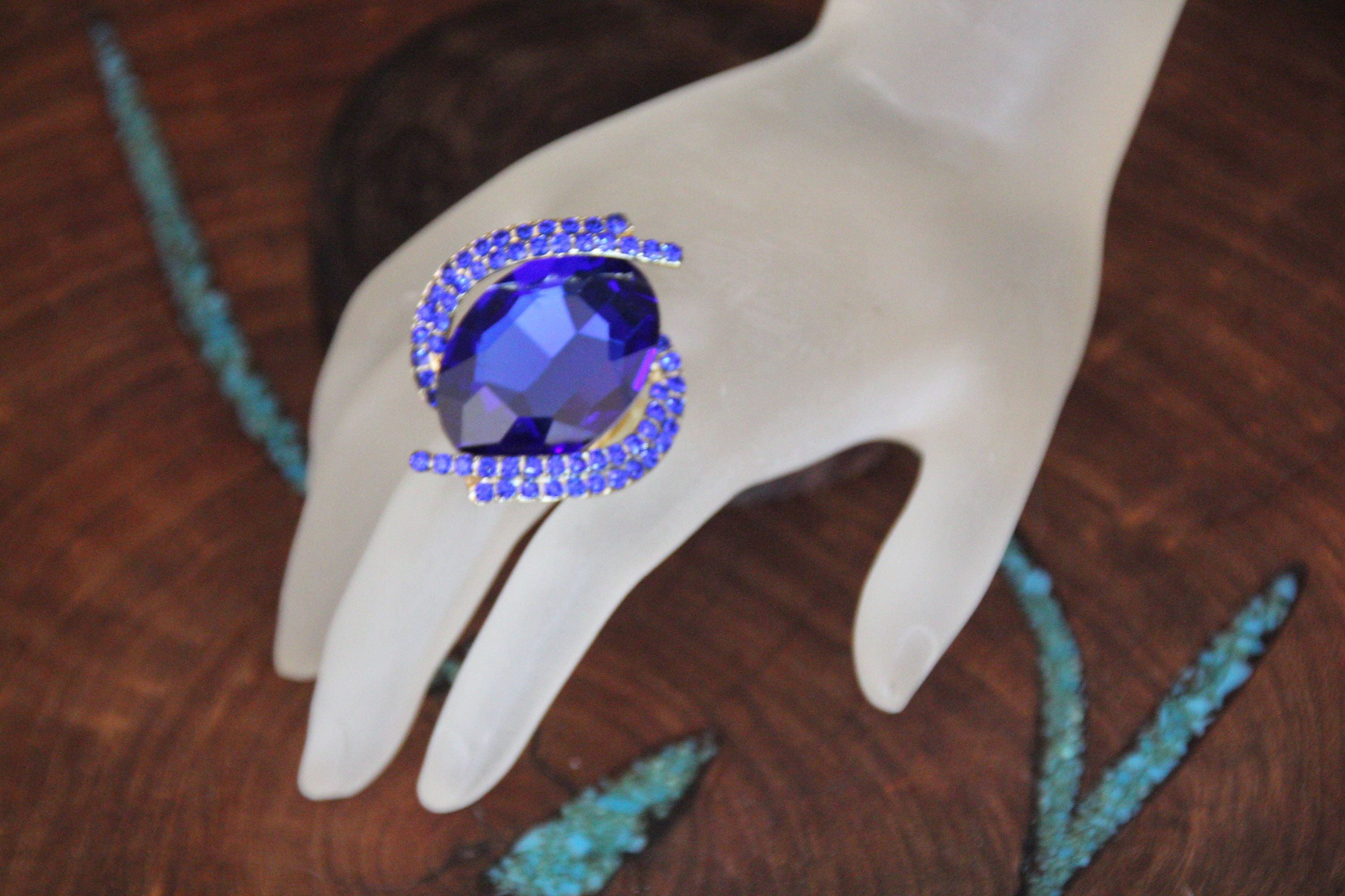 Blue Ring Blue Rhinestone Ring Oversized Royal Blue Ring | Etsy