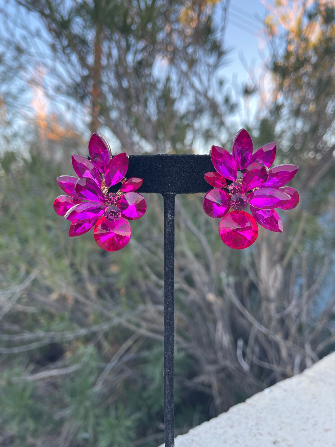 Hot Pink Clip on Earrings, Large Stud Fuchsia Clip on Earrings - Etsy