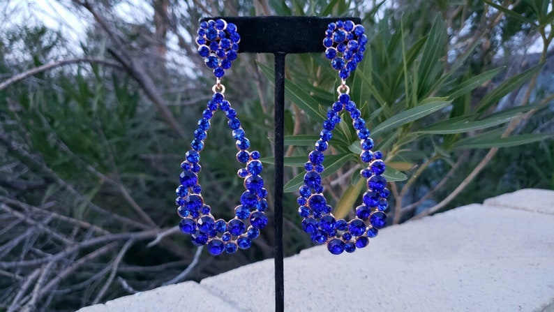 Long Blue Rhinestone Hoops Royal Blue Prom Earrings - Etsy