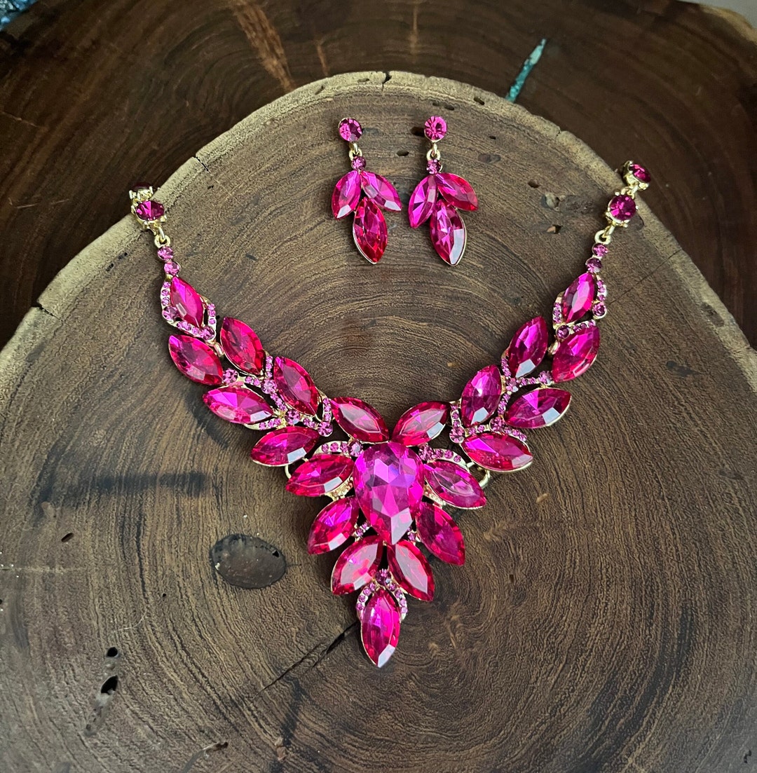 Fuchsia Necklace and Earrings Set, Statement Fuchsia Necklace Set - Etsy