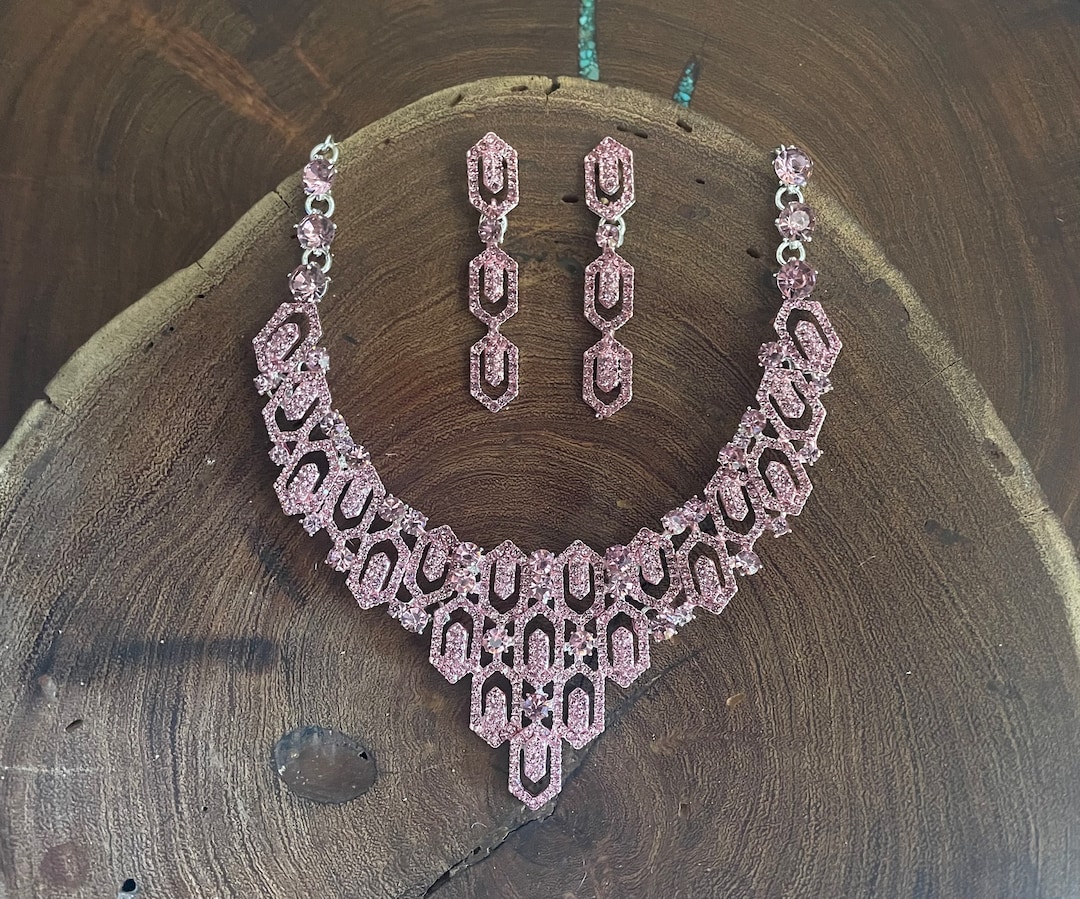 Rose Pink Necklace and Earrings Set, Light Pink Bridal Necklace Set ...