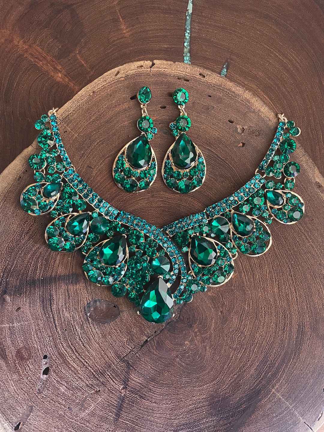 Emerald Green Necklace and Earrings Set, Deep Green Rhinestone Necklace ...