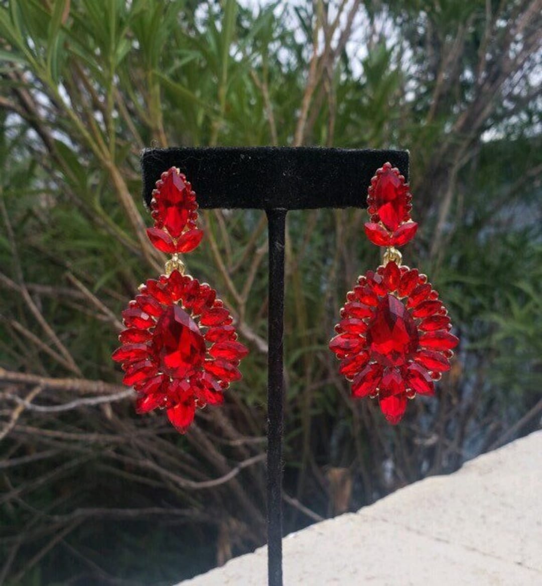 Red Rhinestone Earrings, Red Crystal Earrings , Red Evening Earrings - Etsy