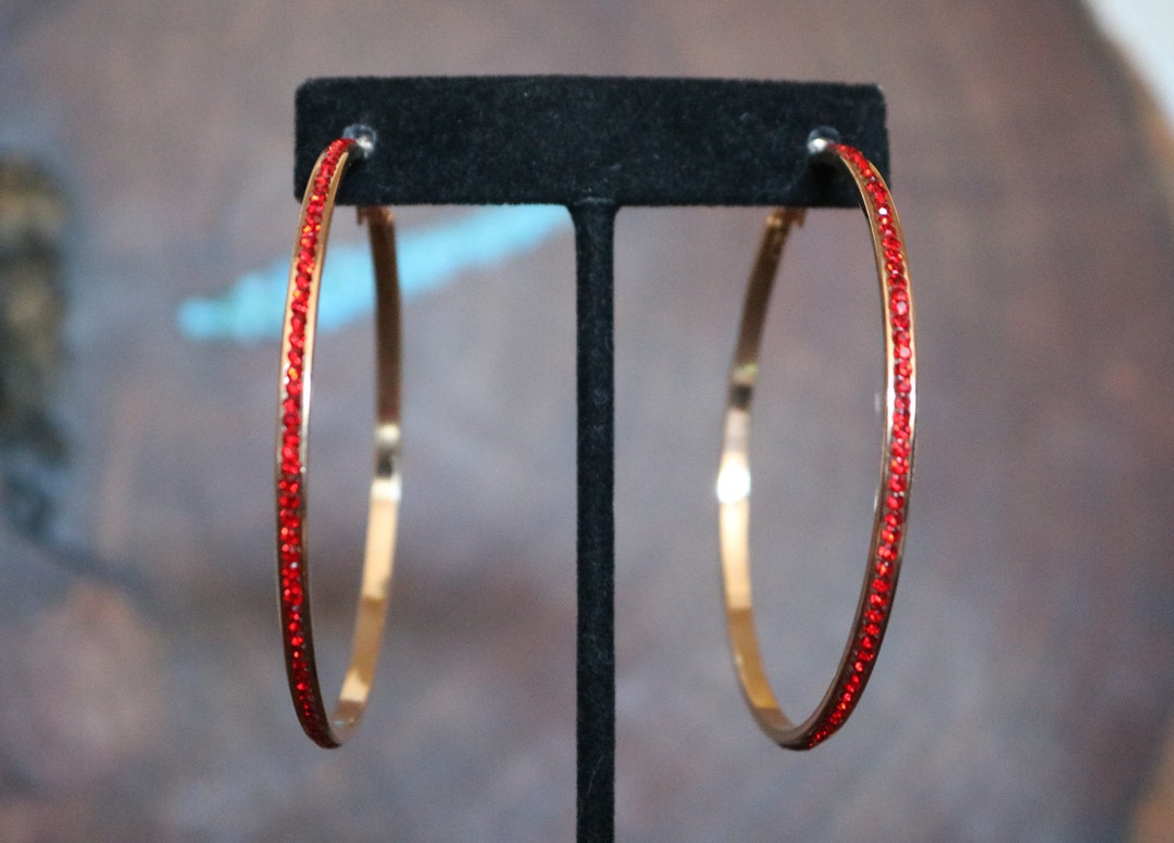 Red Hoop Earrings, Red Rhinestone Hoops, Red Long Hoops - Etsy