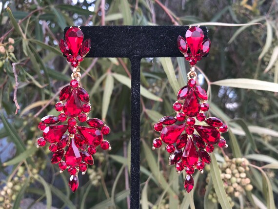 Red Rhinestone Earrings Red Prom Earrings Red Evening - Etsy