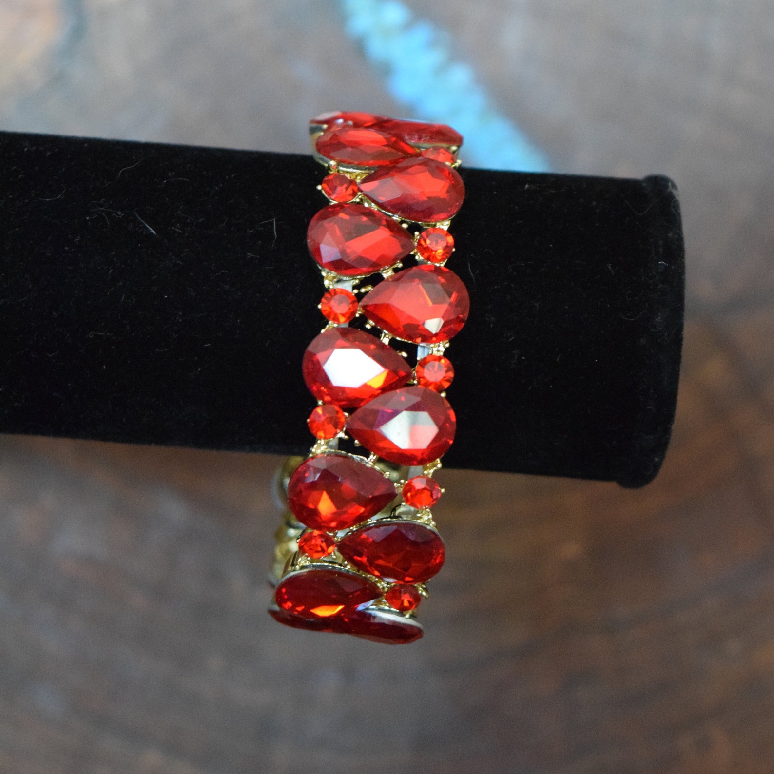 Red Bracelet, Red Rhinestone Bracelet, Red Prom Bracelet, Red Crystal ...