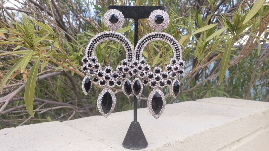 Crystal and Black Oversized Rhinestone Earrings - Etsy