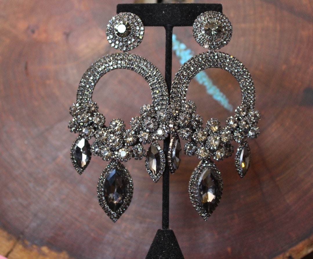 Oversized Silver Earrings, Huge Silver Rhinestone Earrings, Gray Extra ...