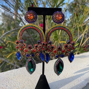 Oversized Multi Color Rhinestone Earrings, Multi Color Chandelier Large ...