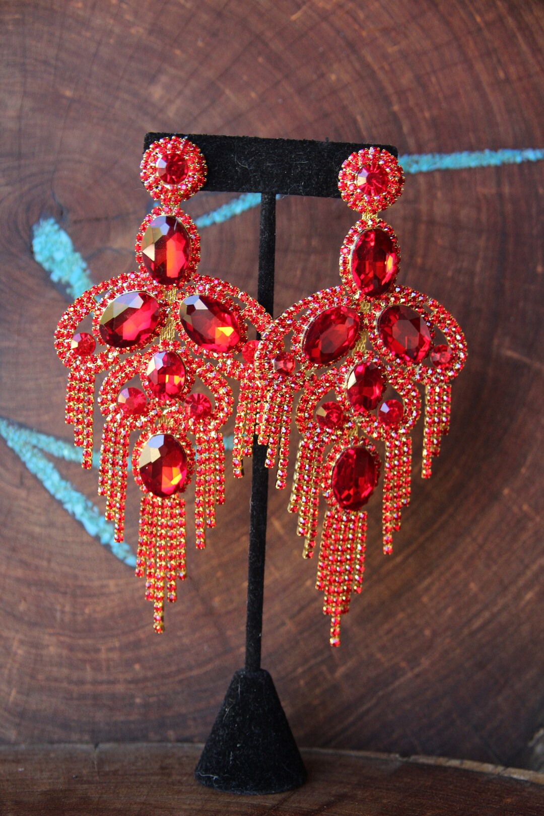 Red Rhinestone Earrings, Extra Large Rhinestone Chandelier Earrings ...