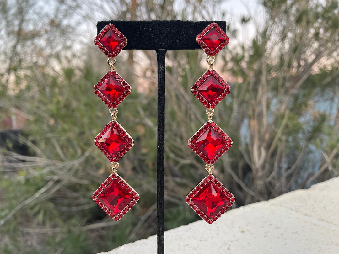Red Long Earrings, Red Crystal Earrings, Red Holiday Earrings, Red ...