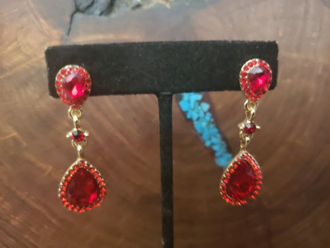 Red Earrings, Red Rhinestone Earrings, Red Bridesmaid Earrings, Red ...