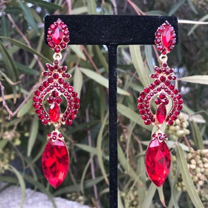 Red Rhinestone Earrings, Red Dangle Earrings, Red Bridal Earrings, Red ...