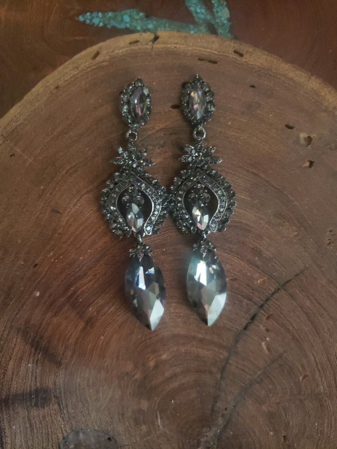 Gray Earrings, Black Diamond Crystal Earrings, Grey Long Earrings ...