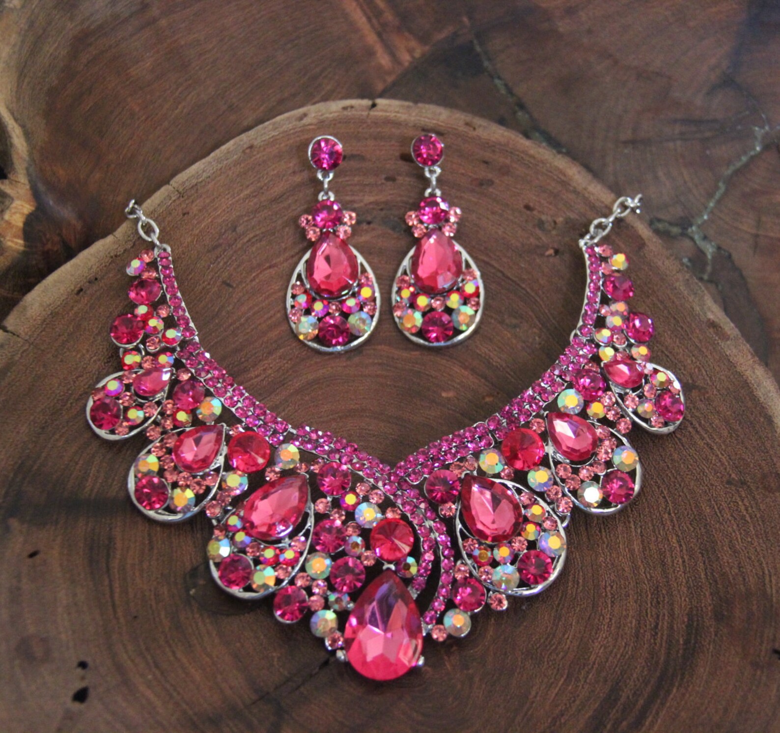 Hot Pink Necklace and Earrings Set Pink Prom Necklace and - Etsy