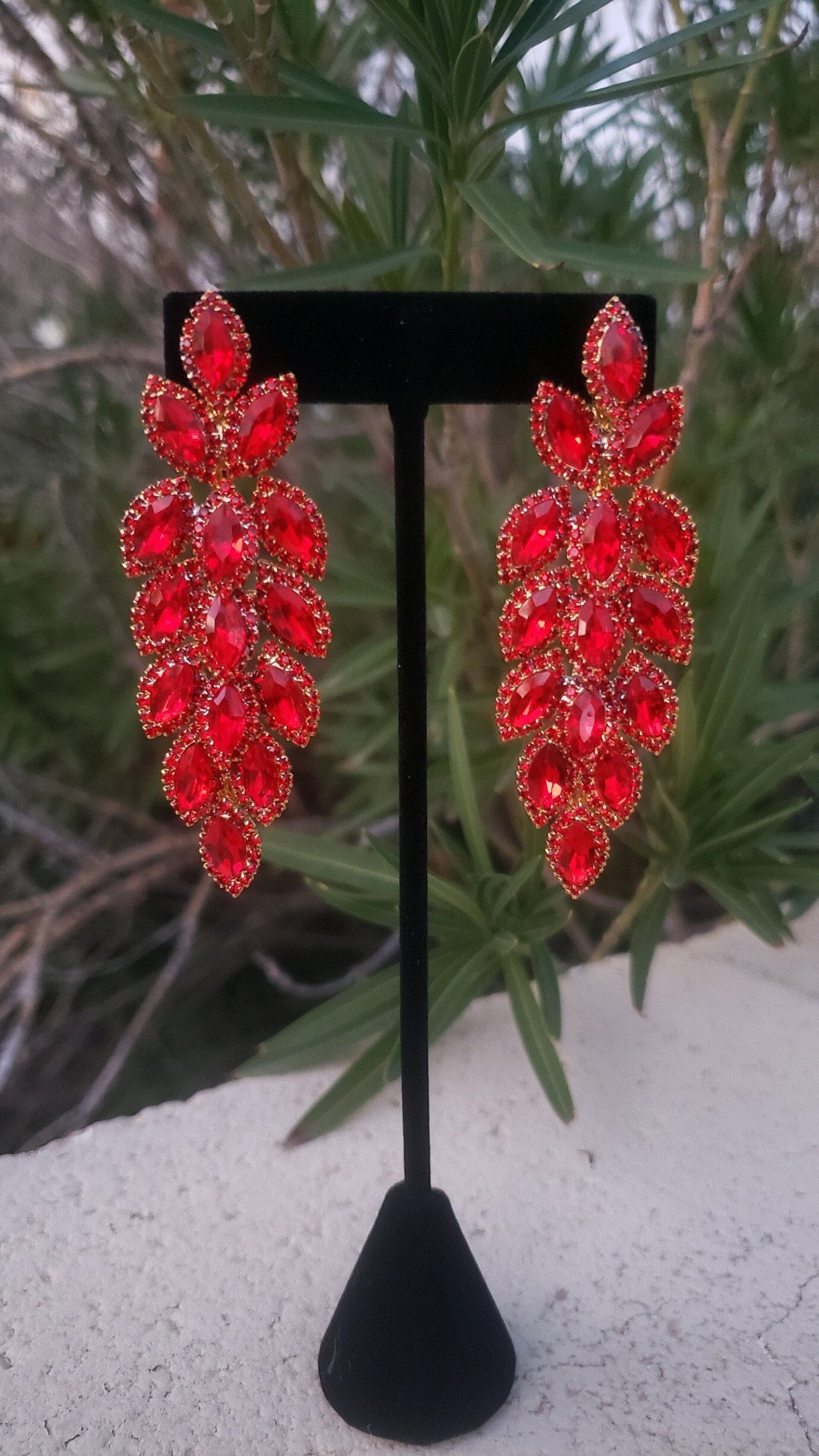 Red Earrings, Red Rhinestone Earrings, Red Long Earrings, Red Pageant ...