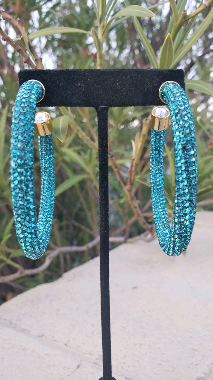 Aqua Rhinestone Hoops Aqua Blue Pageant Hoops Aquamarine - Etsy